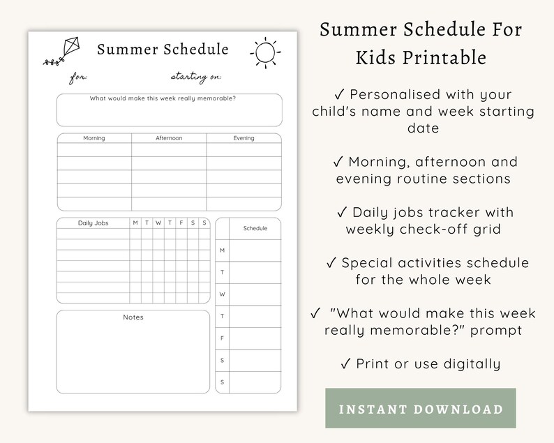 Summer Schedule for Kids Printable | Summer Holiday Routine & Habit ...