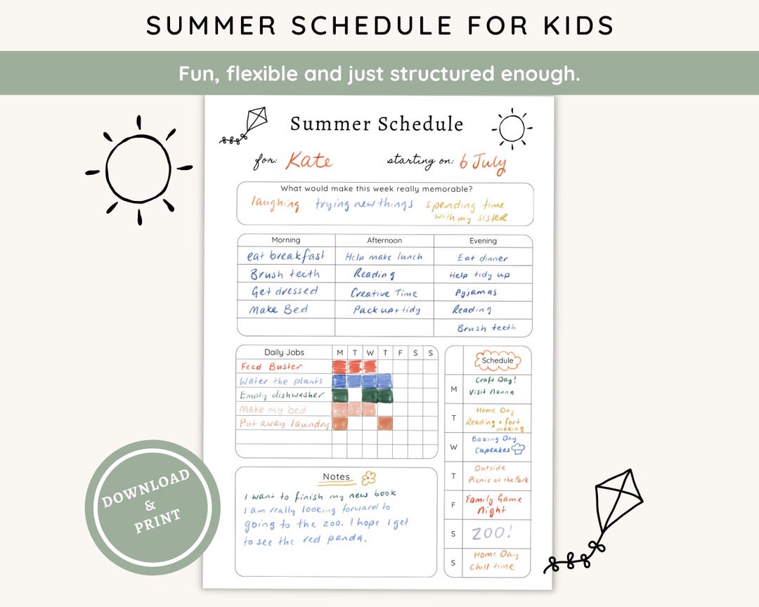 Summer Schedule for Kids Printable | Summer Holiday Routine & Habit ...