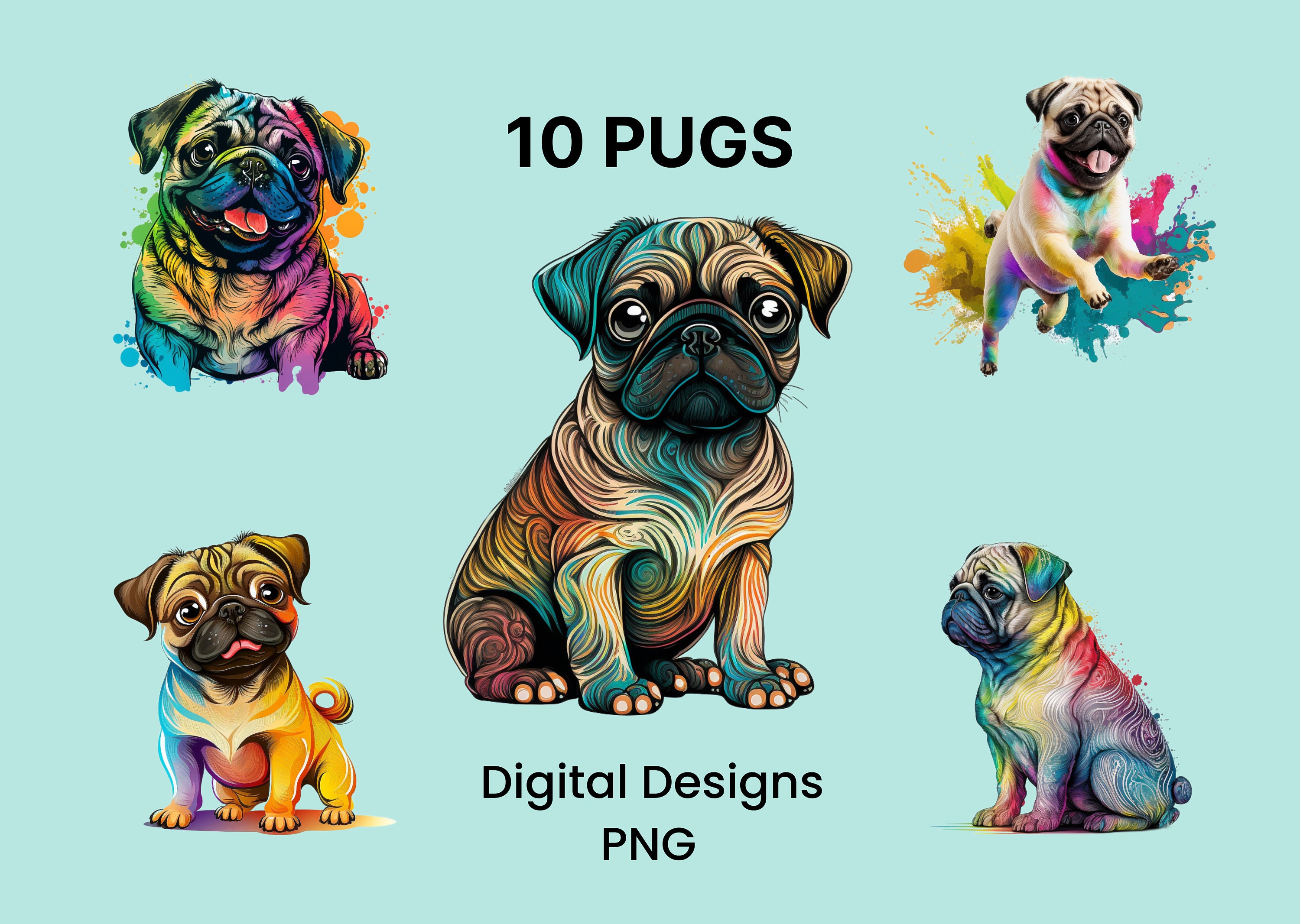 Pug Dogs Clipart, Pugs Png, Dogs Png, Colorful Clipart, Watercolor Png ...