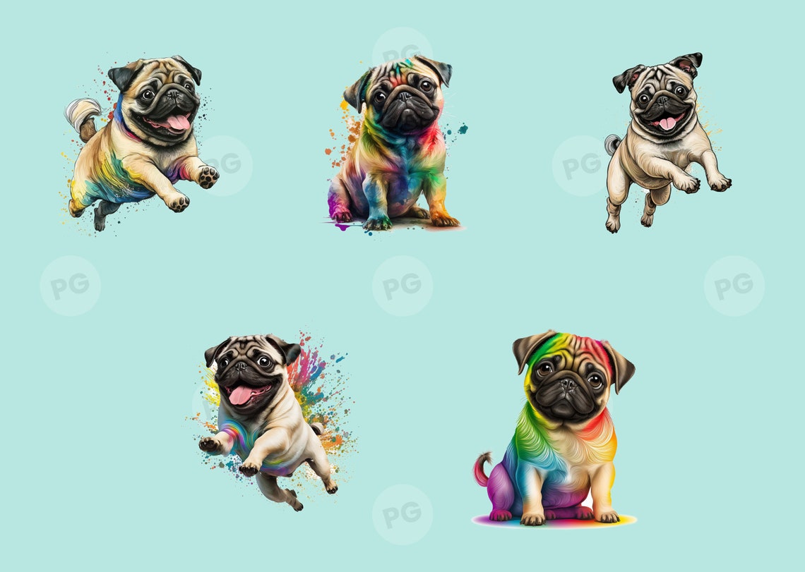 Pug Dogs Clipart, Pugs Png, Dogs Png, Colorful Clipart, Watercolor Png ...