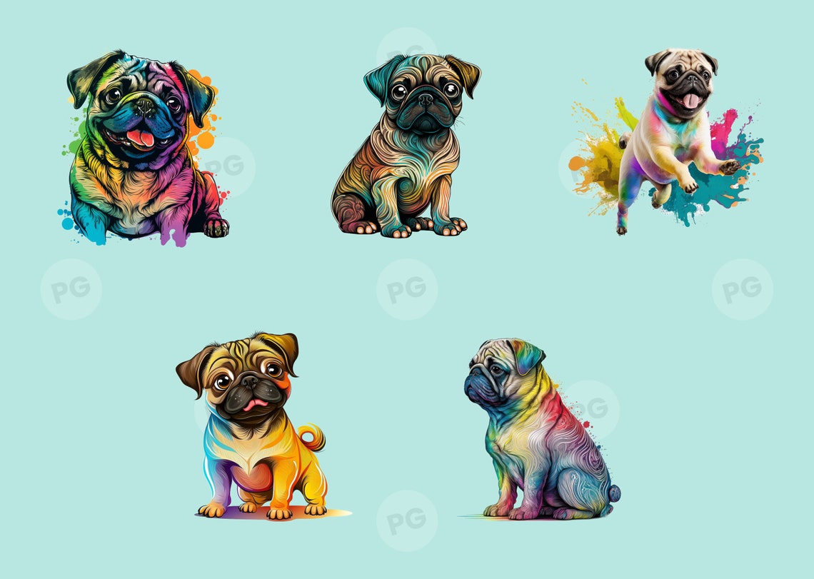 Pug Dogs Clipart Pugs Png Dogs Png Colorful Clipart - Etsy