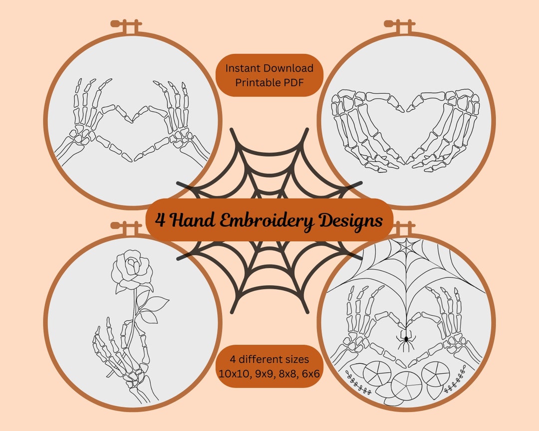 Skeleton Hand Embroidery Designs, Halloween Hand Embroidery, Spiderweb ...