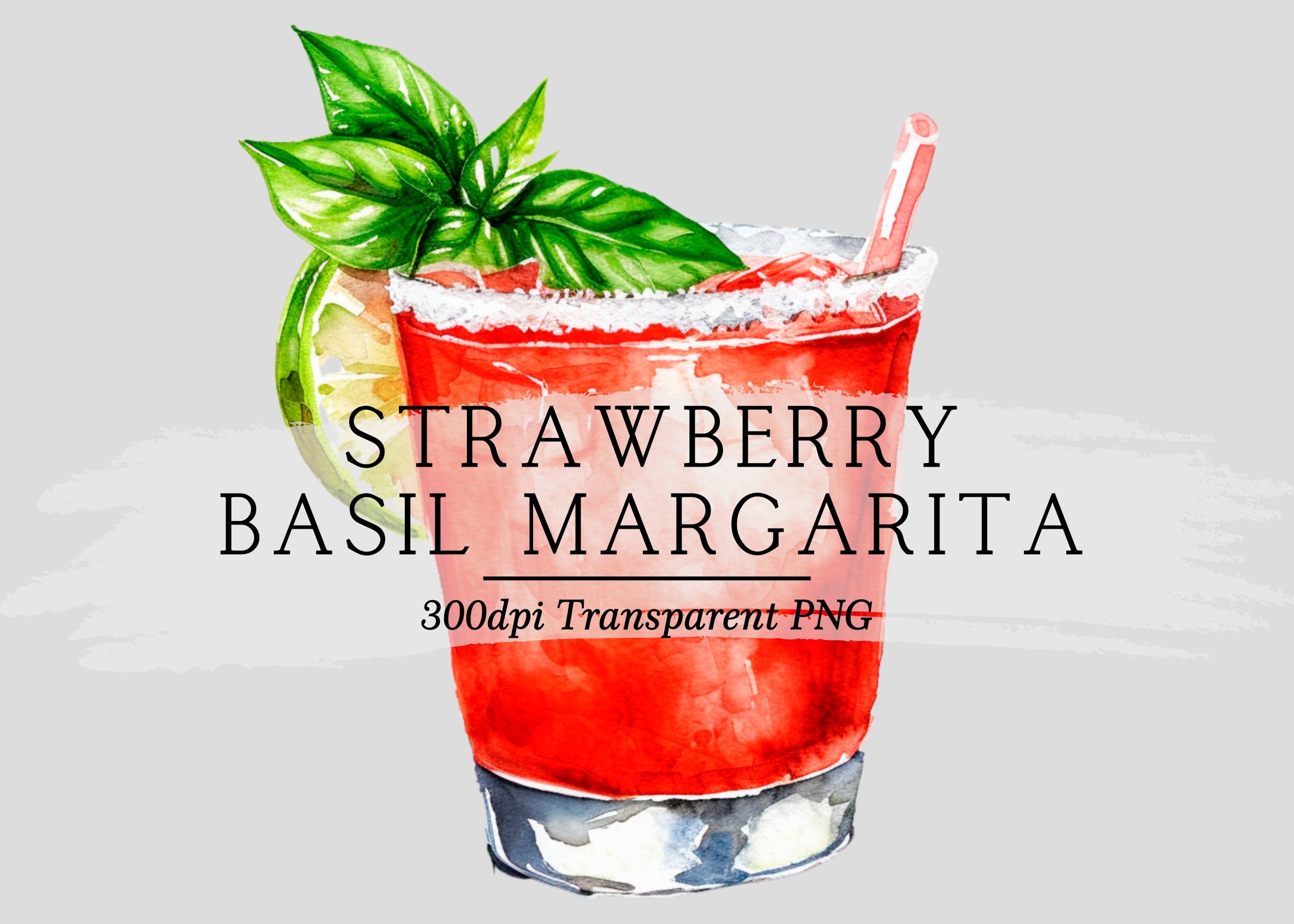 Strawberry Basil Margarita Watercolor Cocktail Graphic Illustration ...