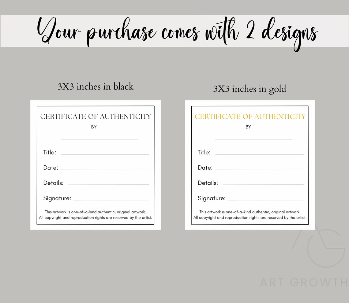 Printable Mini Certificate of Authenticity, Printable Certificate of Original Art, Digital ...