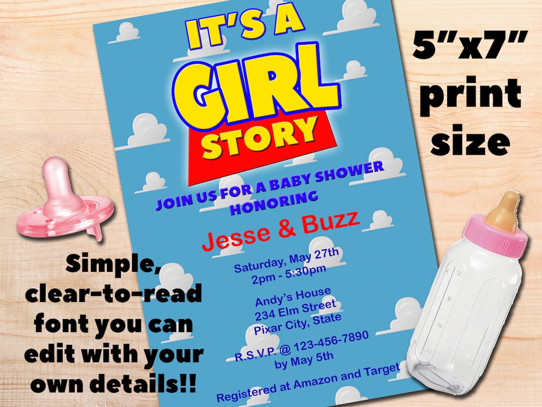 Blue It's A GIRL Story, Toy Story Themed Baby Shower, Editable and ...