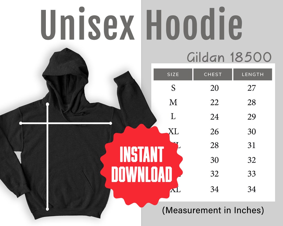 Gildan 18500 Size Chart Black Gildan 18500 Unisex Hoodie Size Guide ...