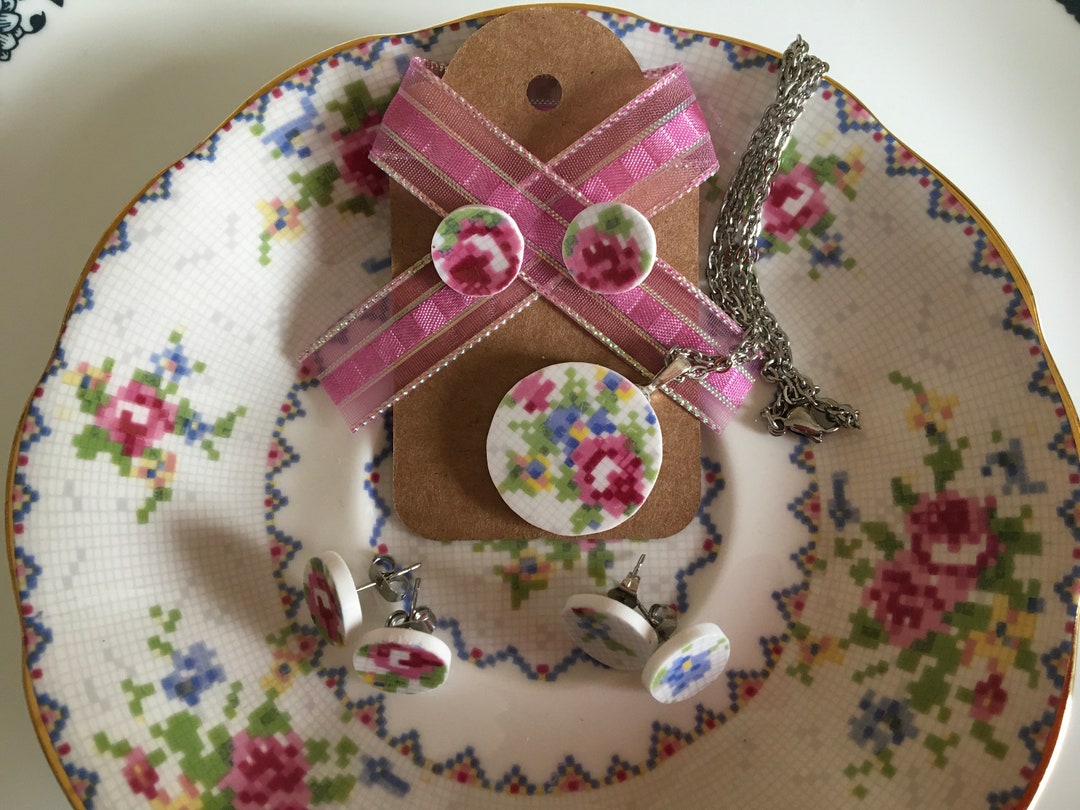 Royal Albert Petit Point Pink Roses Button/stud Earrings OR Necklace ...