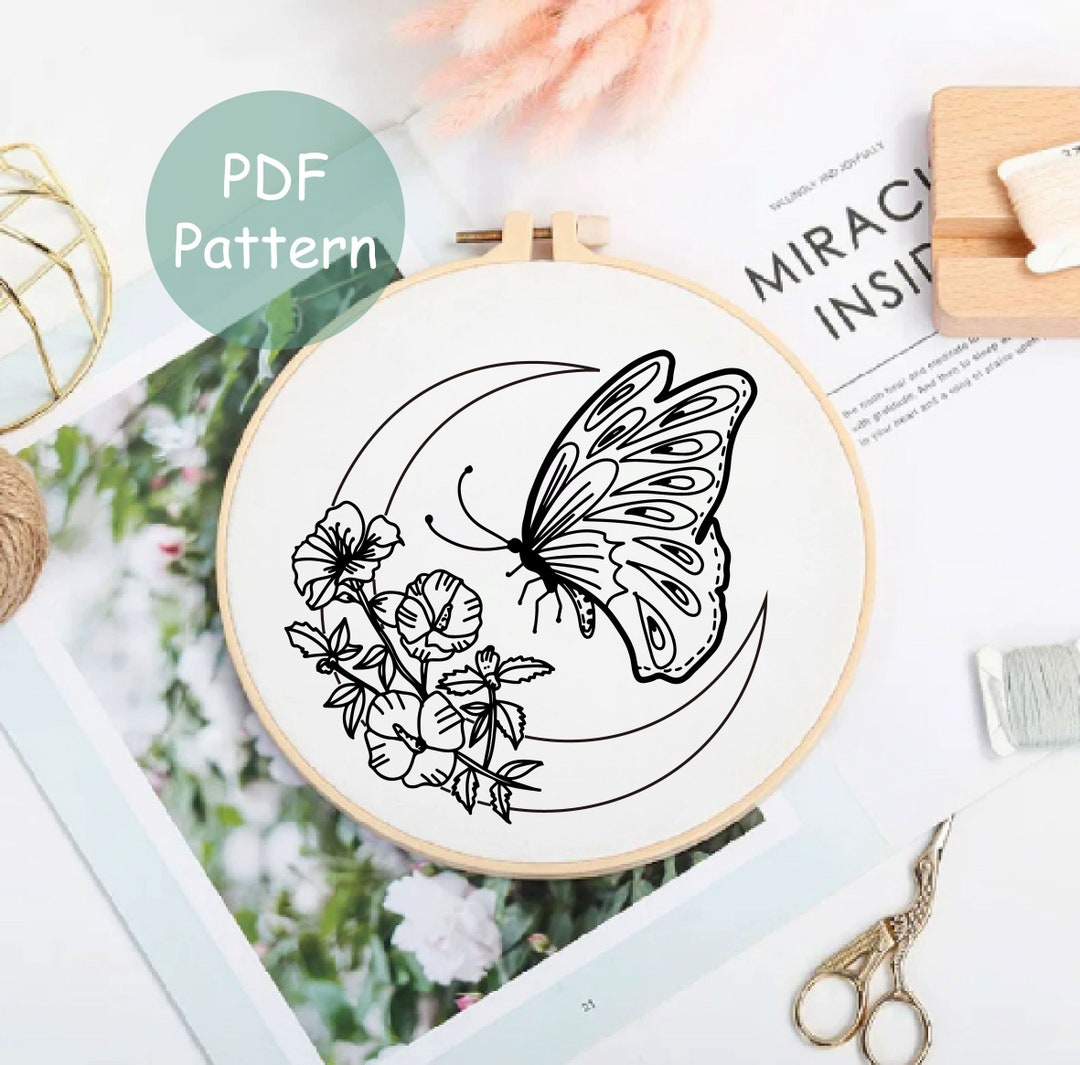 Butterfly Embroidery Pattern for Beginner | Floral Hand Embroidery PDF ...
