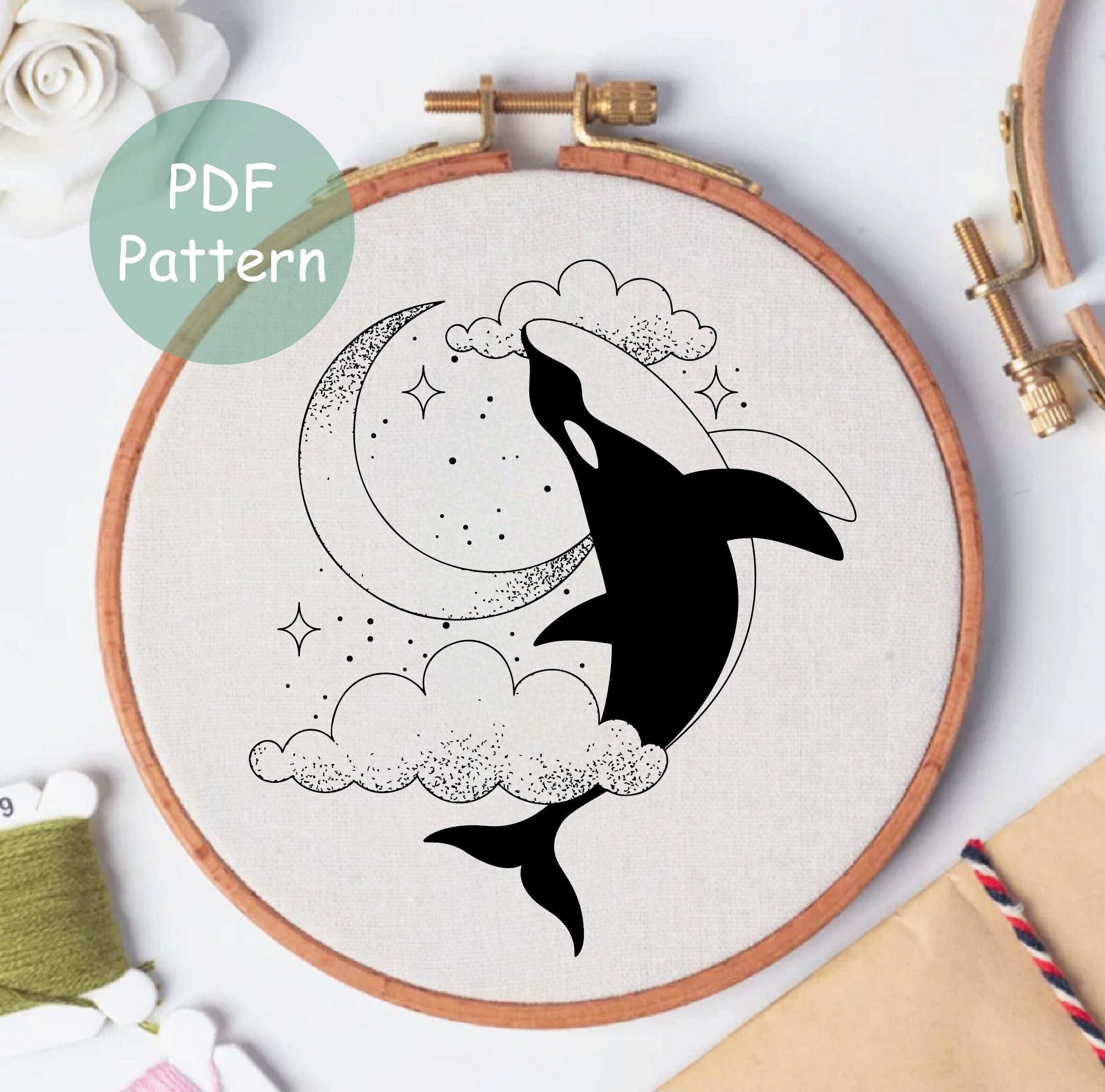 Whale Embroidery Pattern for Beginner | Floral Hand Embroidery PDF ...