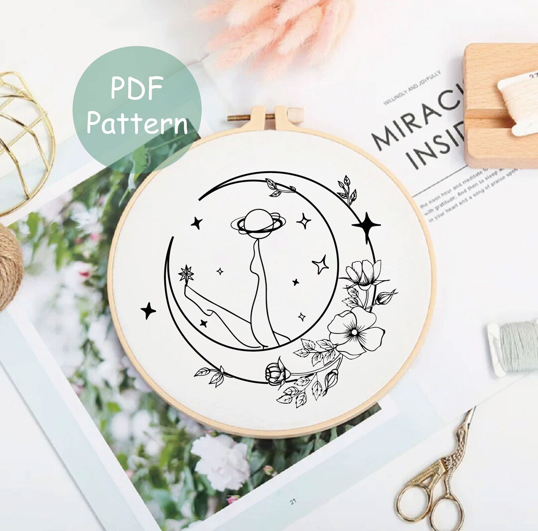 Moon Embroidery Pattern for Beginner | Flower Hand Embroidery PDF ...