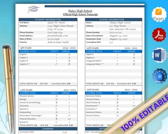 High School Transcript Editable Fillable Template Homeschool - Etsy