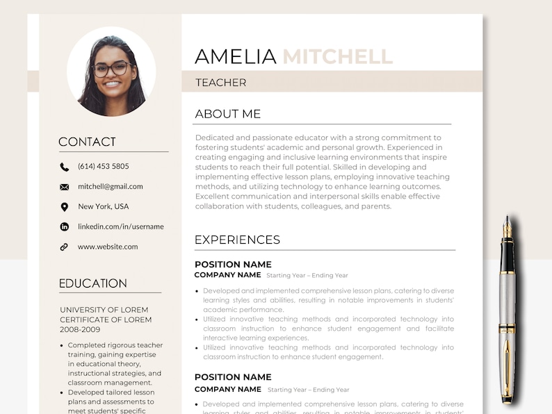Teacher Resume Template MS Word CV for Educators Professional Academic ...