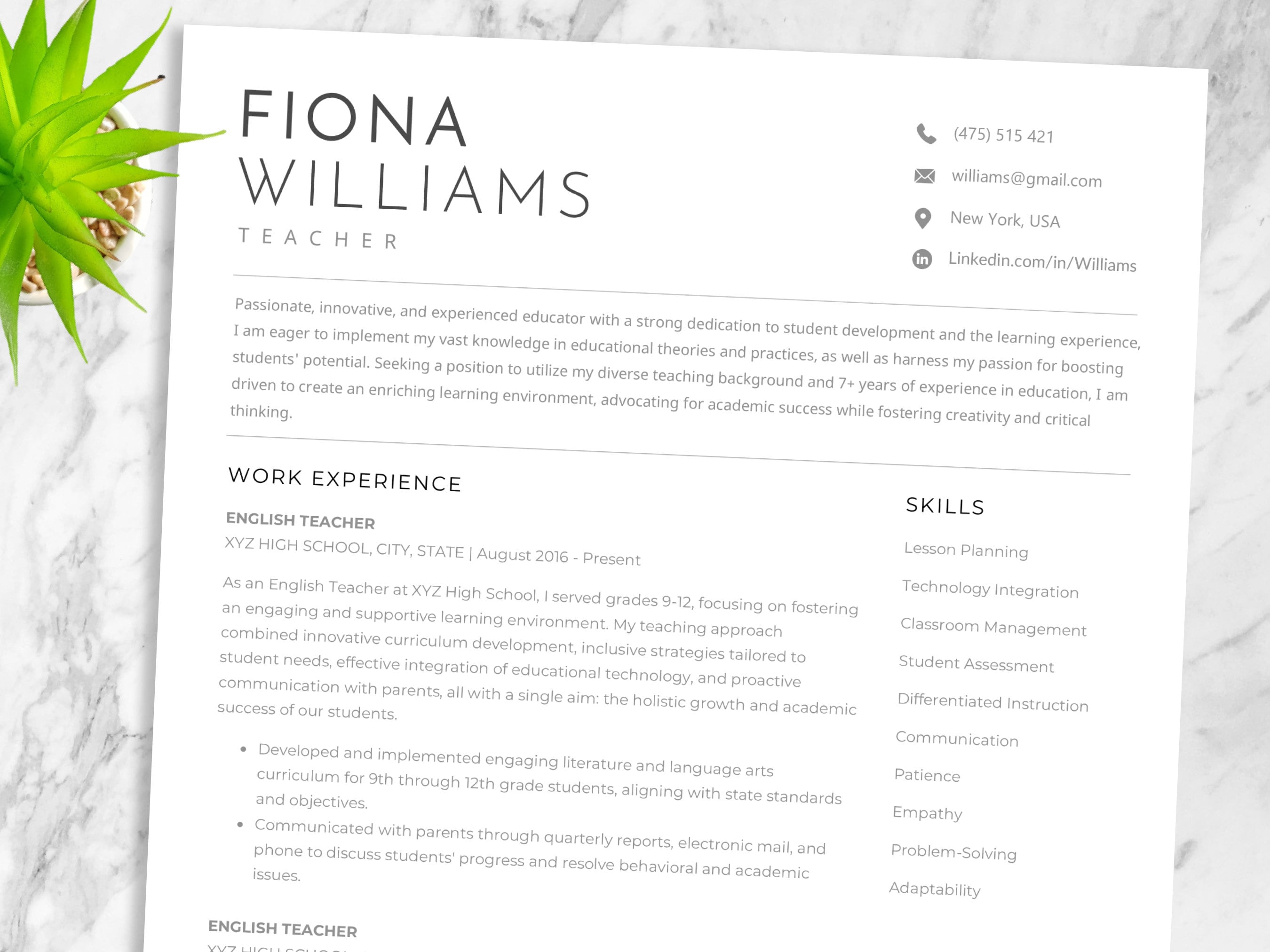 Minimalist, Clean, Modern CV Template Professional Executive, Teacher ...