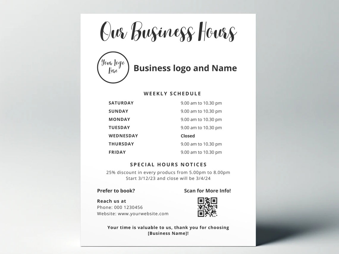 Customizable Shop Hours - Canva Template - Editable Digital Sign With ...