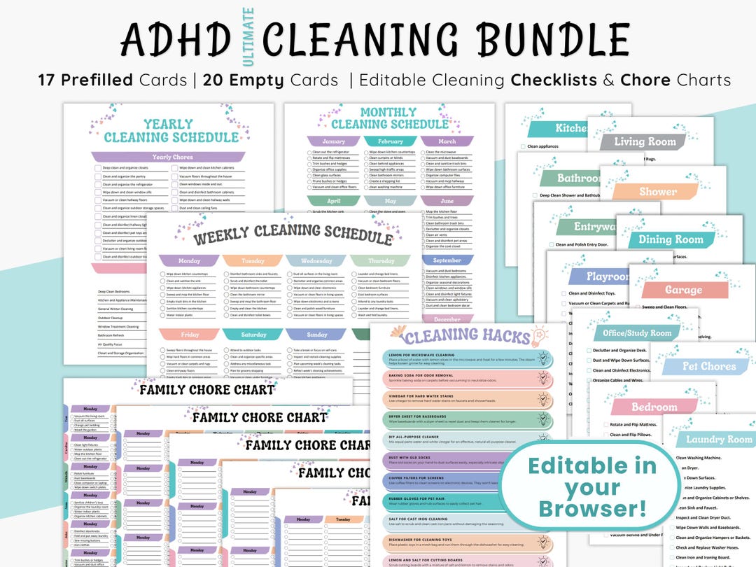 ADHD Cleaning Checklist Bundle | Editable Chore Chart | Adult & Kids ...