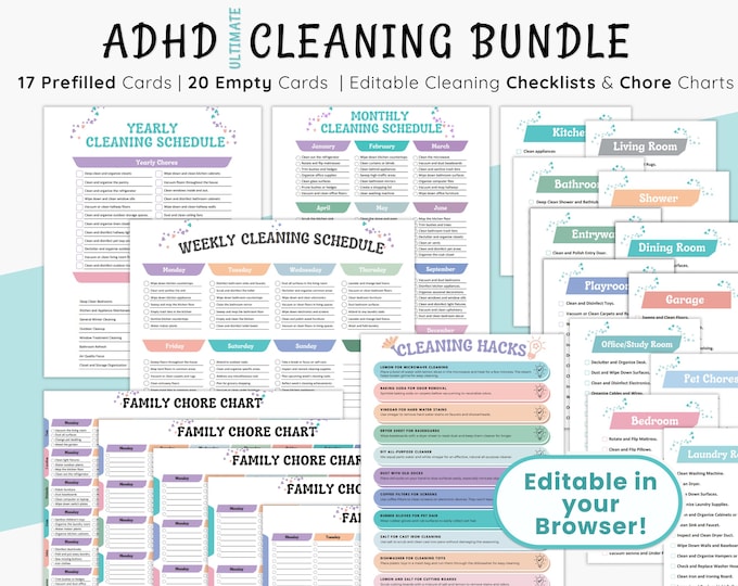 ADHD Cleaning Checklist Bundle, Editable ADHD Cleaning Planner, Adult ...
