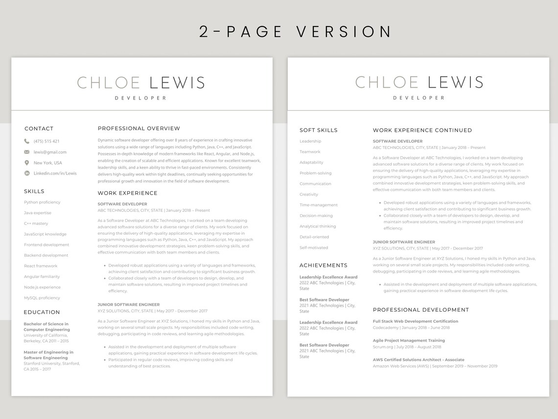 Tech Resume & Developer Resume CV Template ATS Optimized, for Software ...