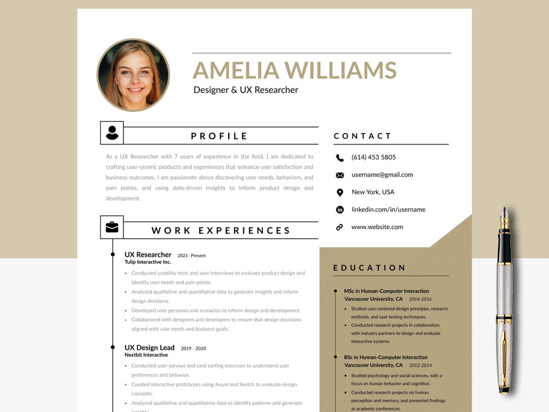 Gold & Modern Resume Template With Photo 2023, Professional CV Template ...
