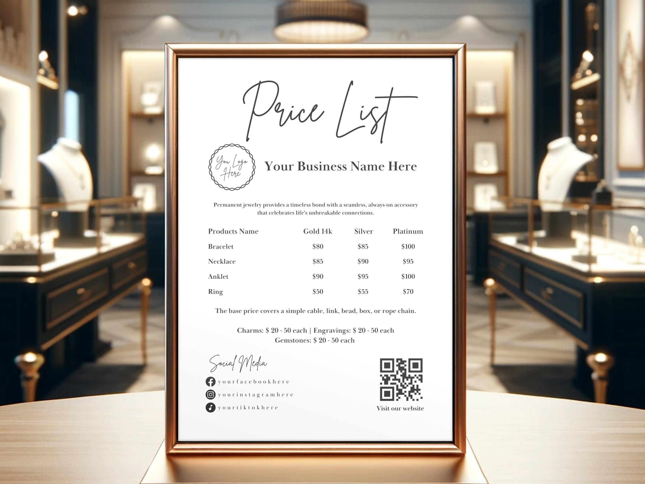 Permanent Jewelry Price List Sign | Editable Template for Print | QR ...