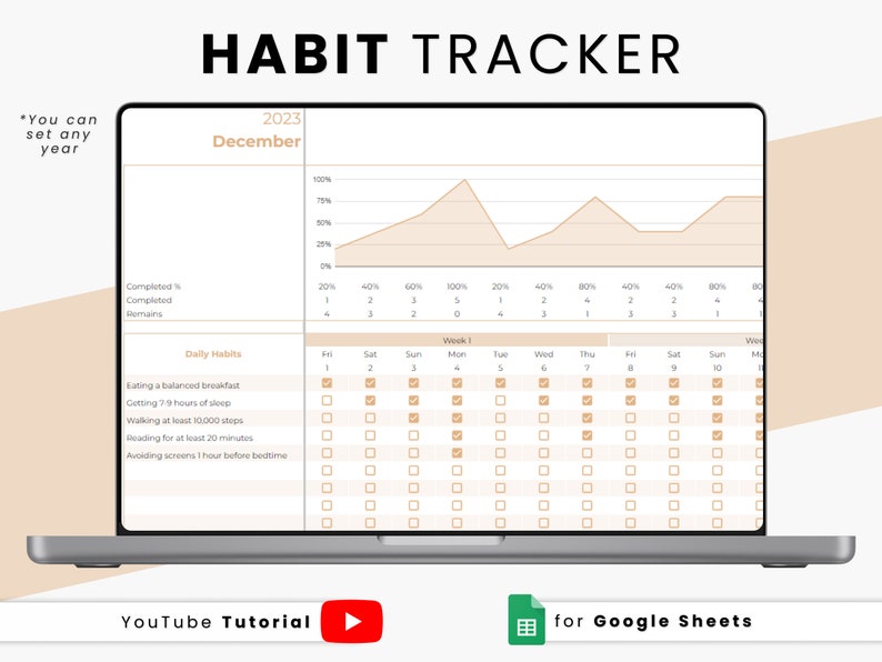 Habit Tracker Spreadsheet Template for Google Sheets, Monthly, Weekly ...
