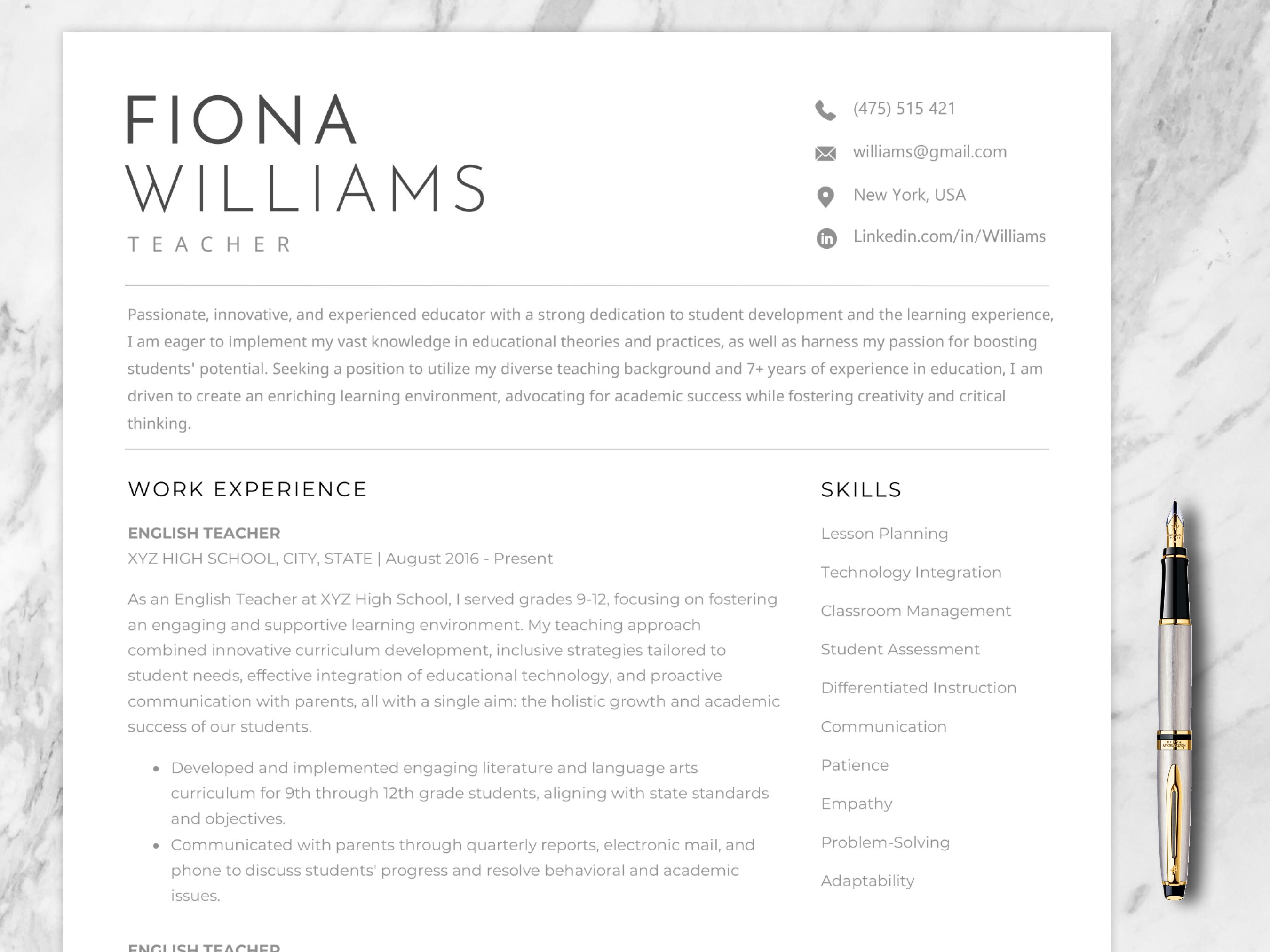 Minimalist, Clean, Modern CV Template Professional Executive, Teacher ...