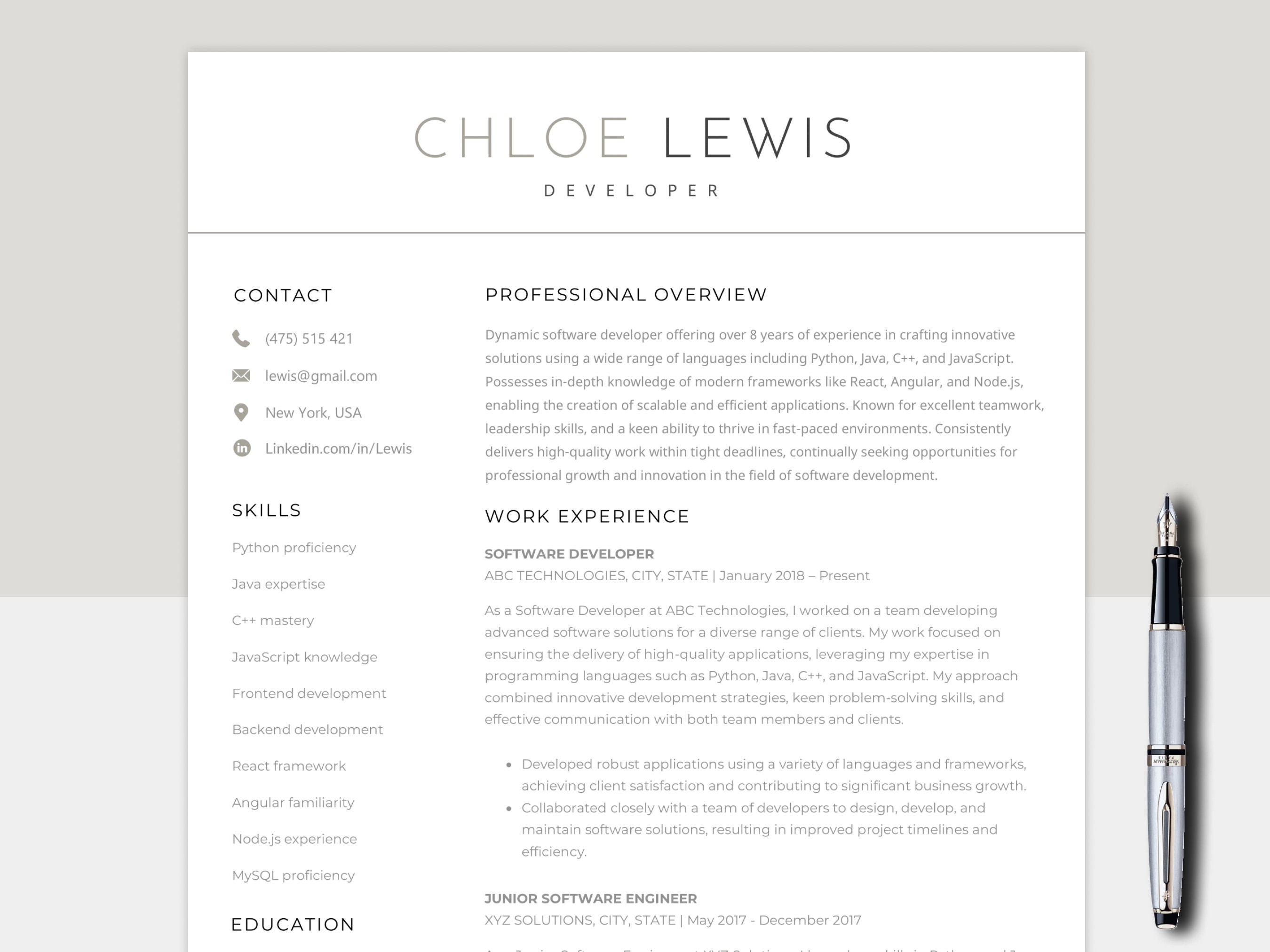 Tech Resume & Developer Resume CV Template - ATS Optimized, for ...