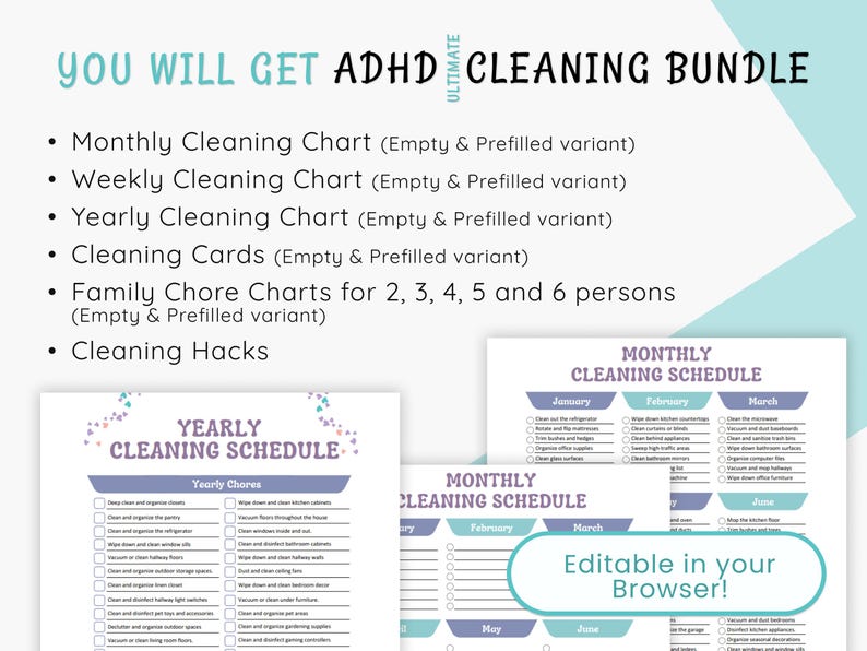 ADHD Cleaning Checklist Bundle | Editable Chore Chart | Adult & Kids ...