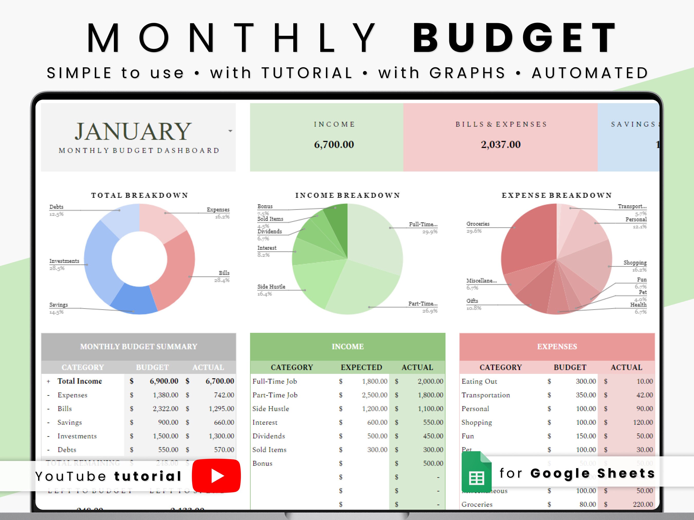Monthly Budget and Expense Tracker Template - Financial Planner With ...