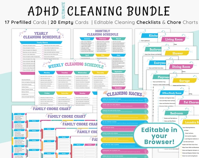 ADHD Cleaning Checklist Bundle, Editable ADHD Cleaning Planner, Adult ...