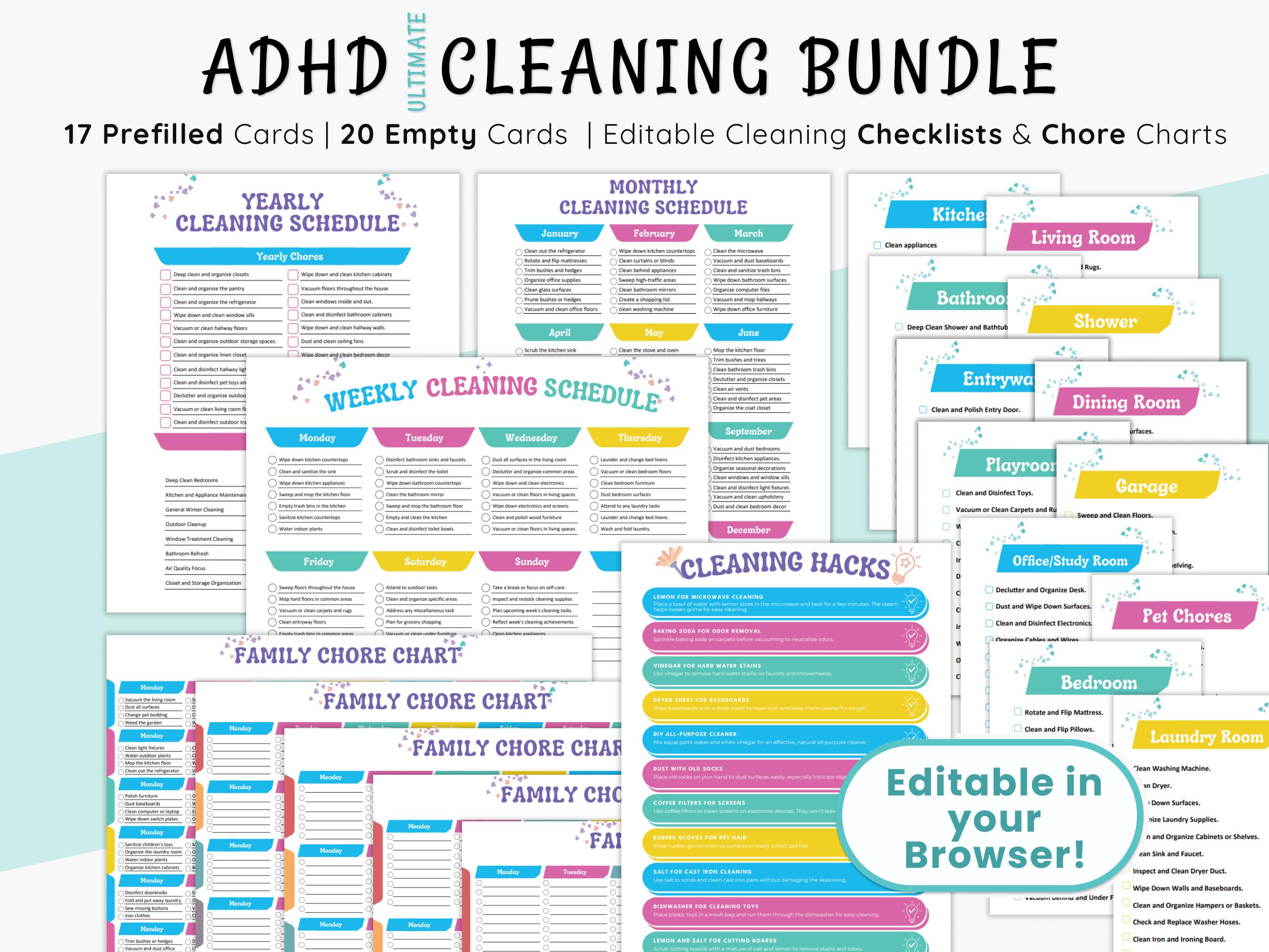 ADHD Cleaning Checklist Bundle | Editable Chore Chart | Adult & Kids ...