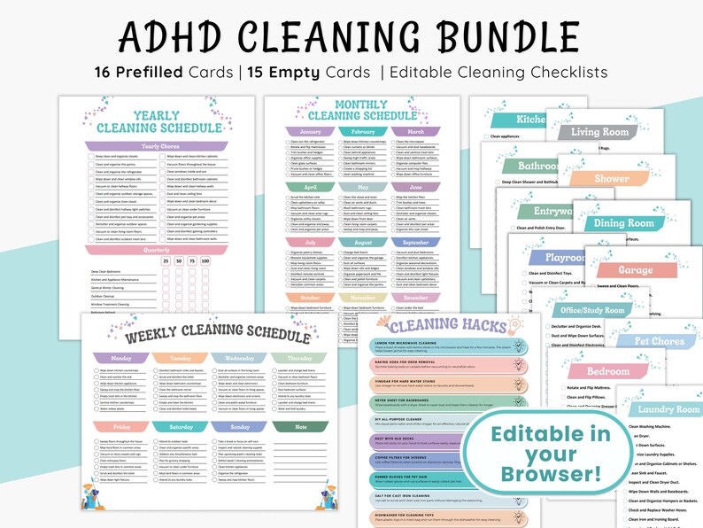ADHD Cleaning Checklist Bundle | Editable Schedule Chart | Adult & Kids ...