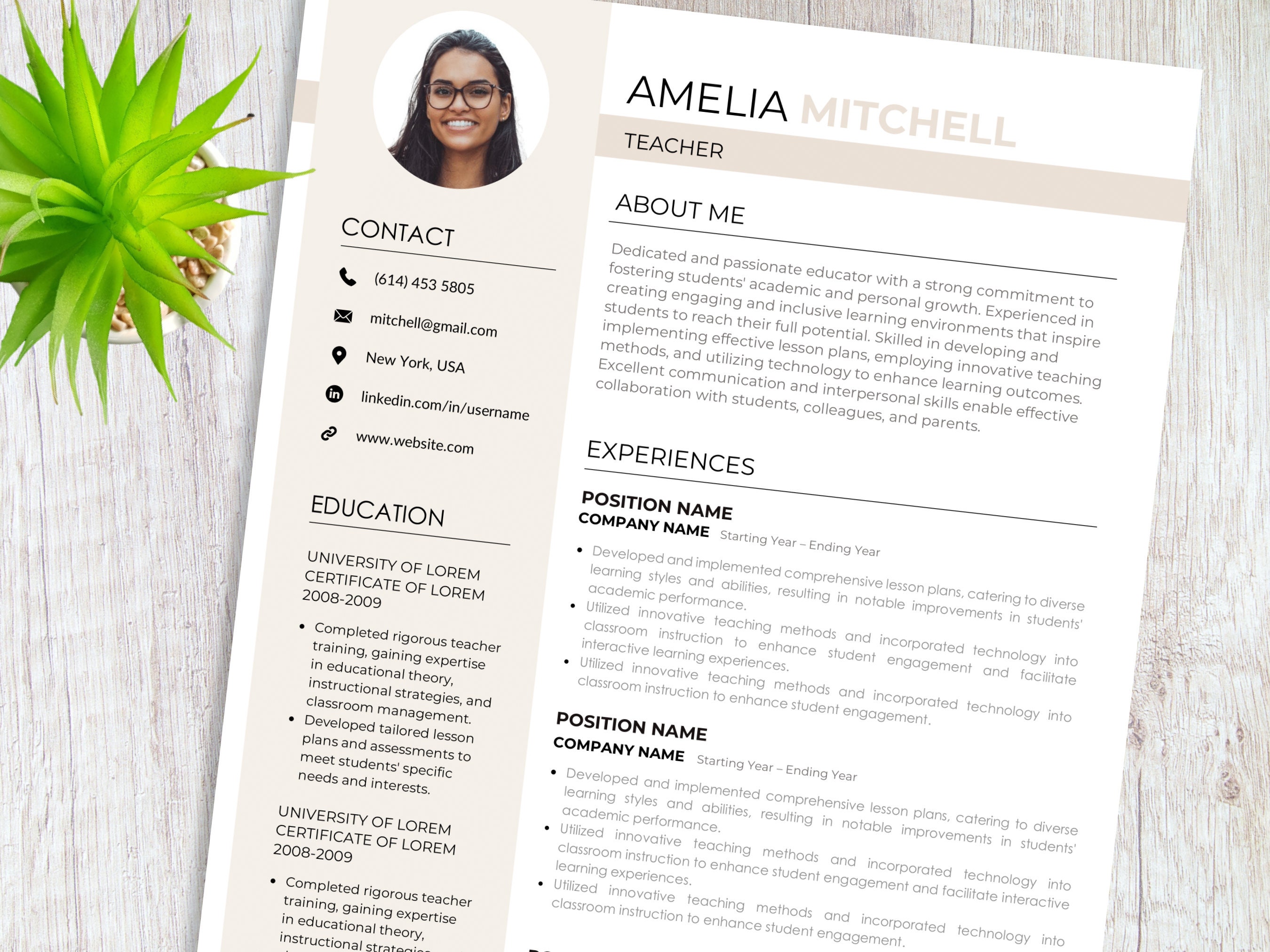 Teacher Resume Template MS Word CV for Educators Professional Academic ...