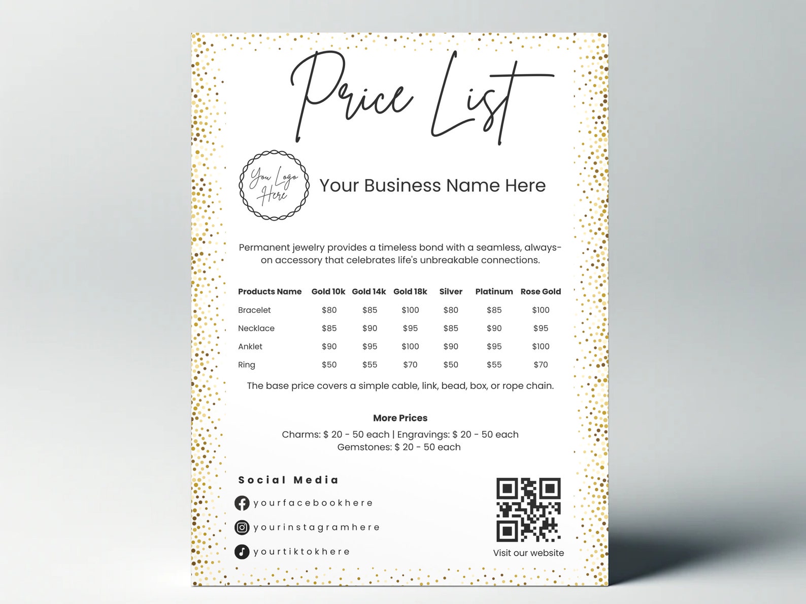 Permanent Jewelry Price List: Canva Template Form, Jewelry Client Print ...