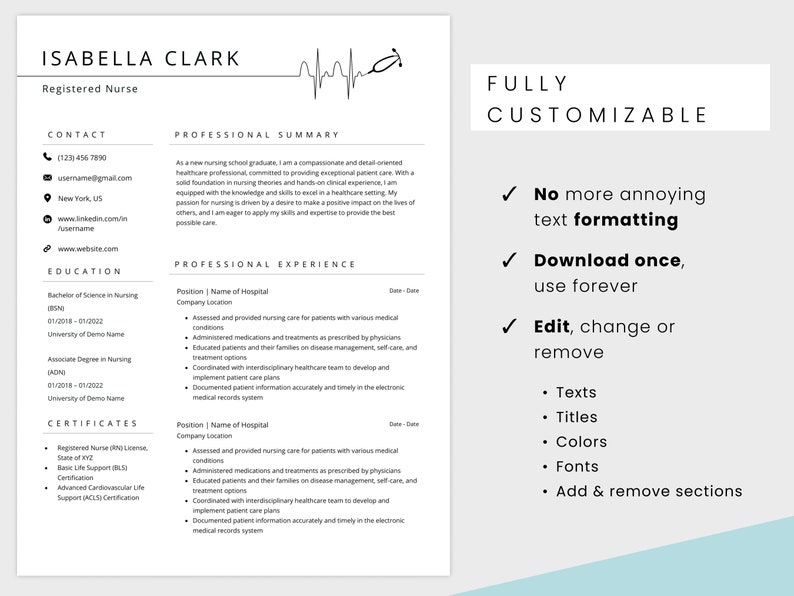 Nursing Resume Template, Ideal for Medical Assistant, Healthcare ...