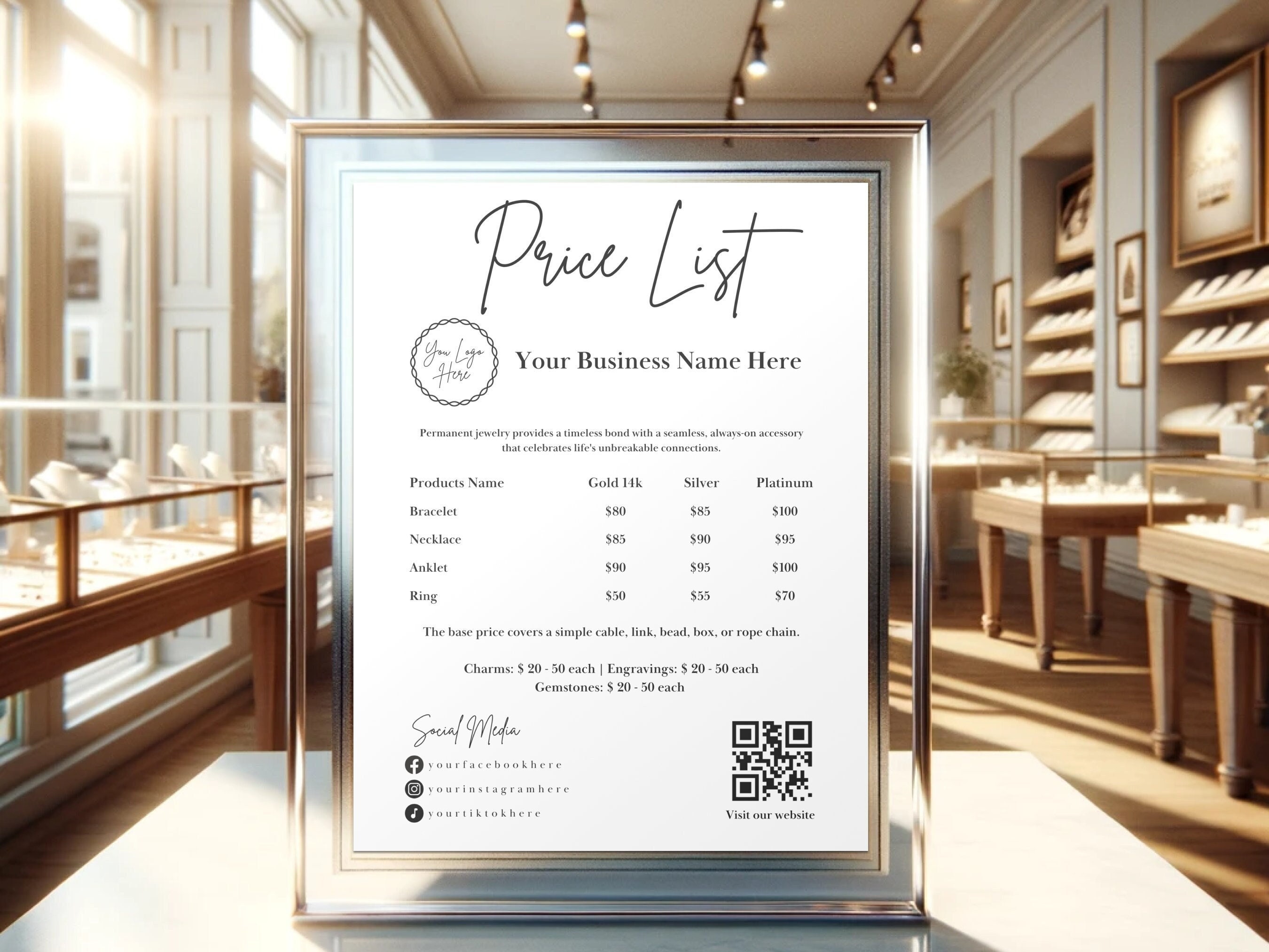 Permanent Jewelry Price List Sign | Editable Template for Print | QR ...