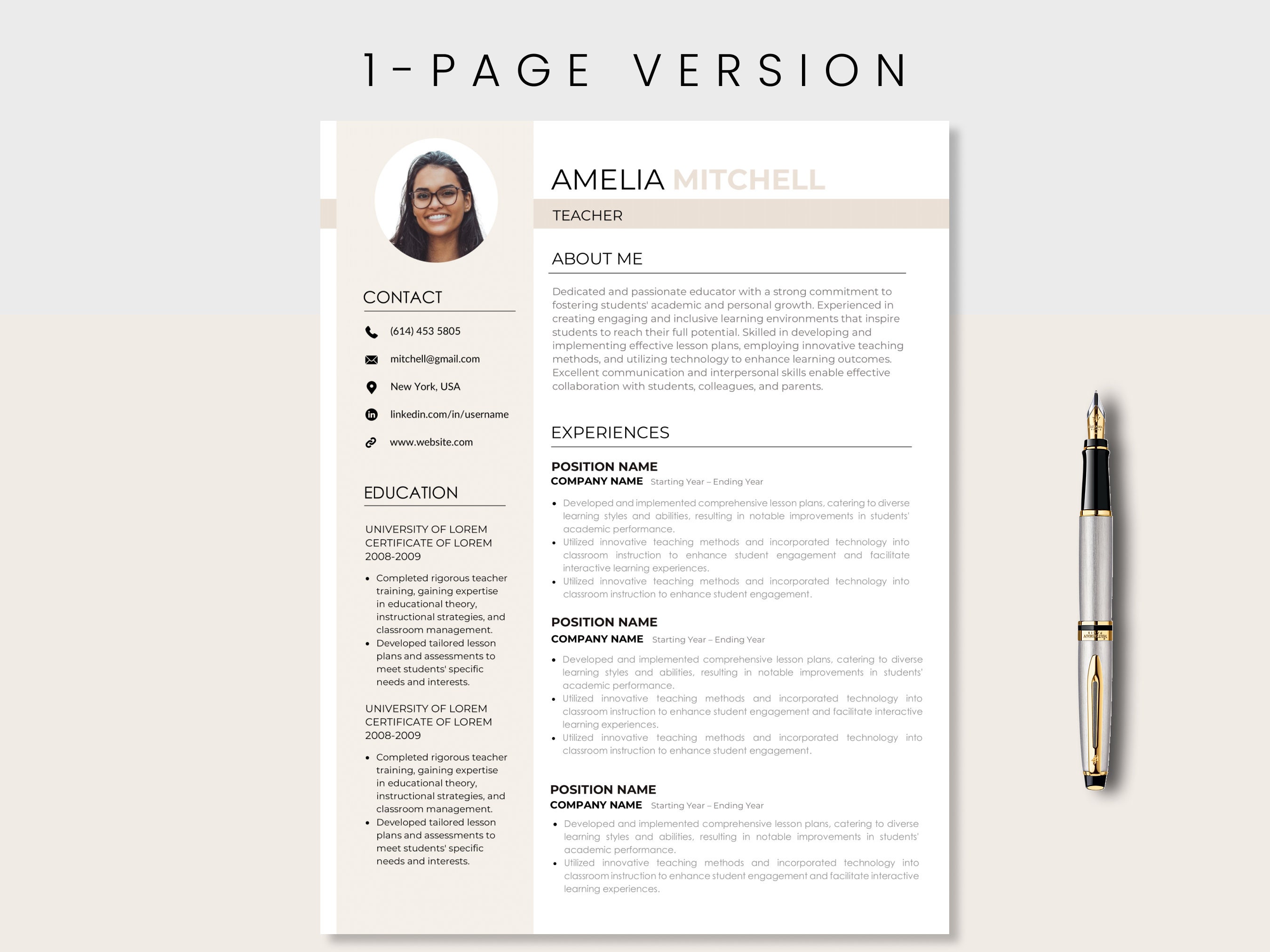 Teacher Resume Template - MS Word CV for Educators - Professional ...