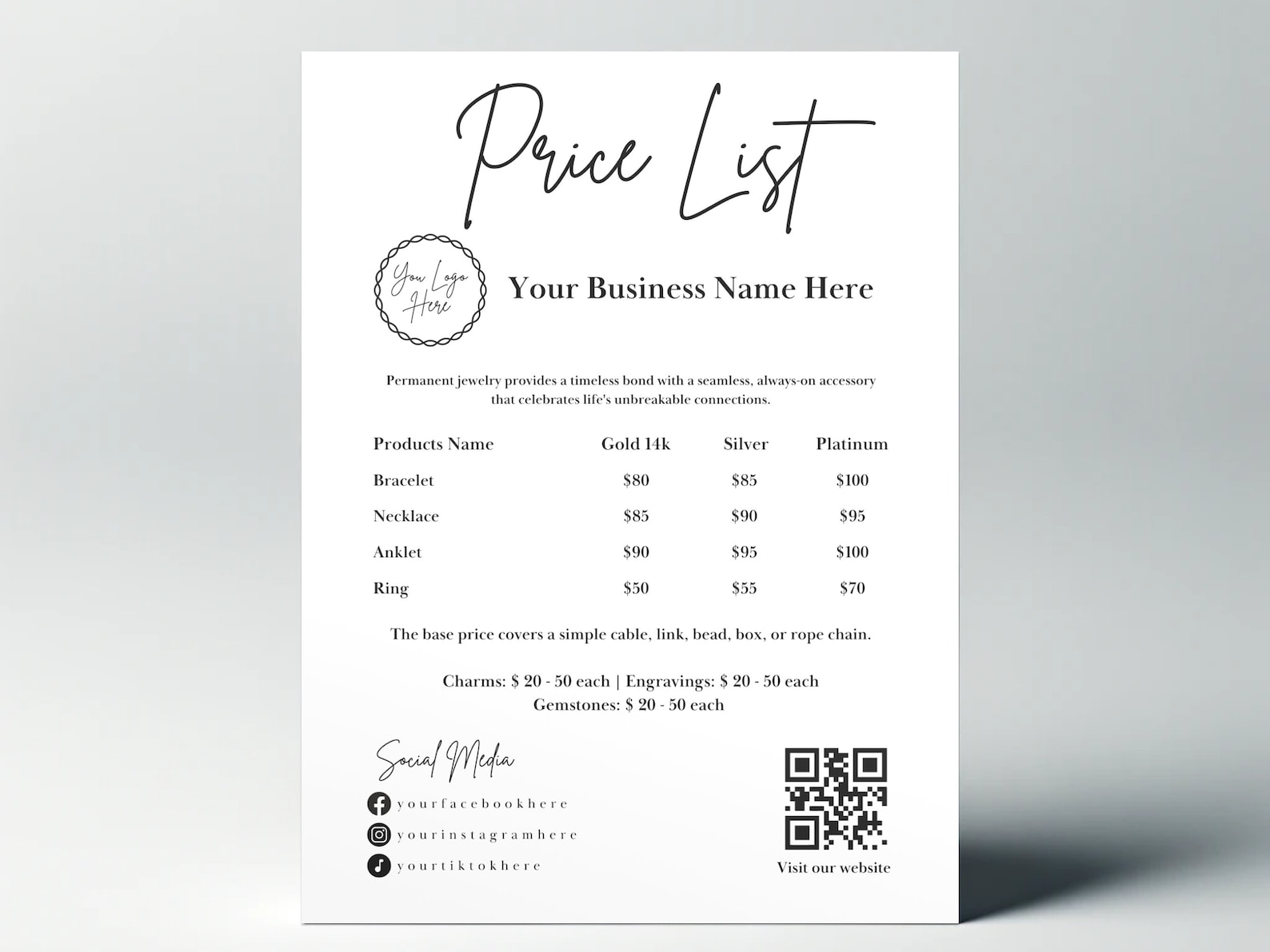 Permanent Jewelry Price List Sign | Editable Template for Print | QR ...