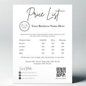 Permanent Jewelry Price List Sign | Editable Template for Print | QR ...