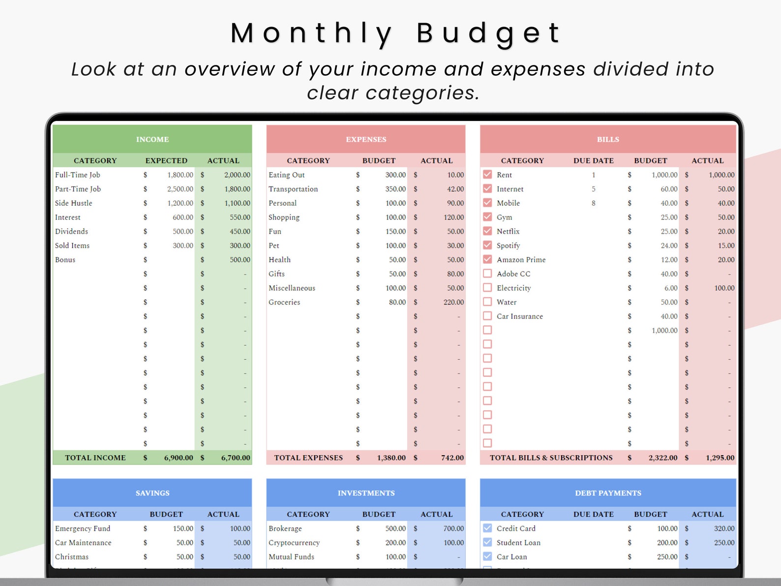 Monthly Budget and Expense Tracker Template - Financial Planner With ...