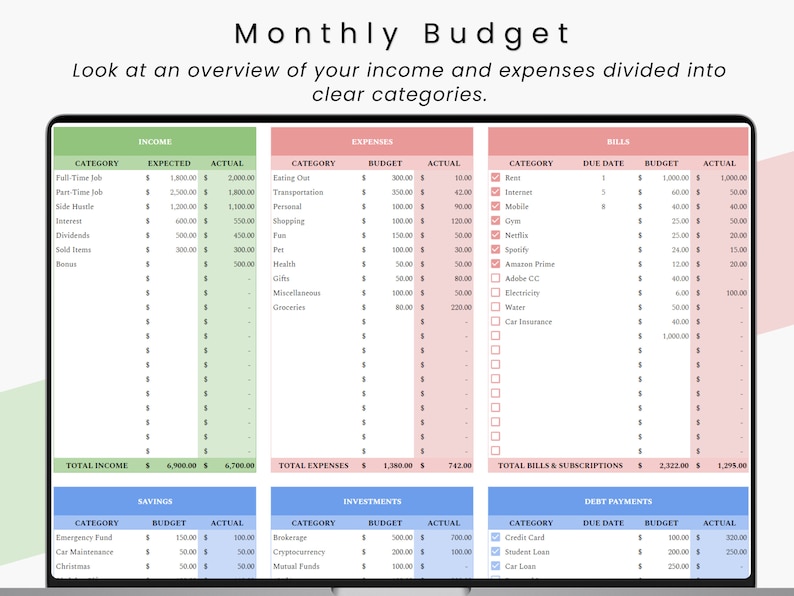 Monthly Budget and Expense Tracker Template - Financial Planner With ...