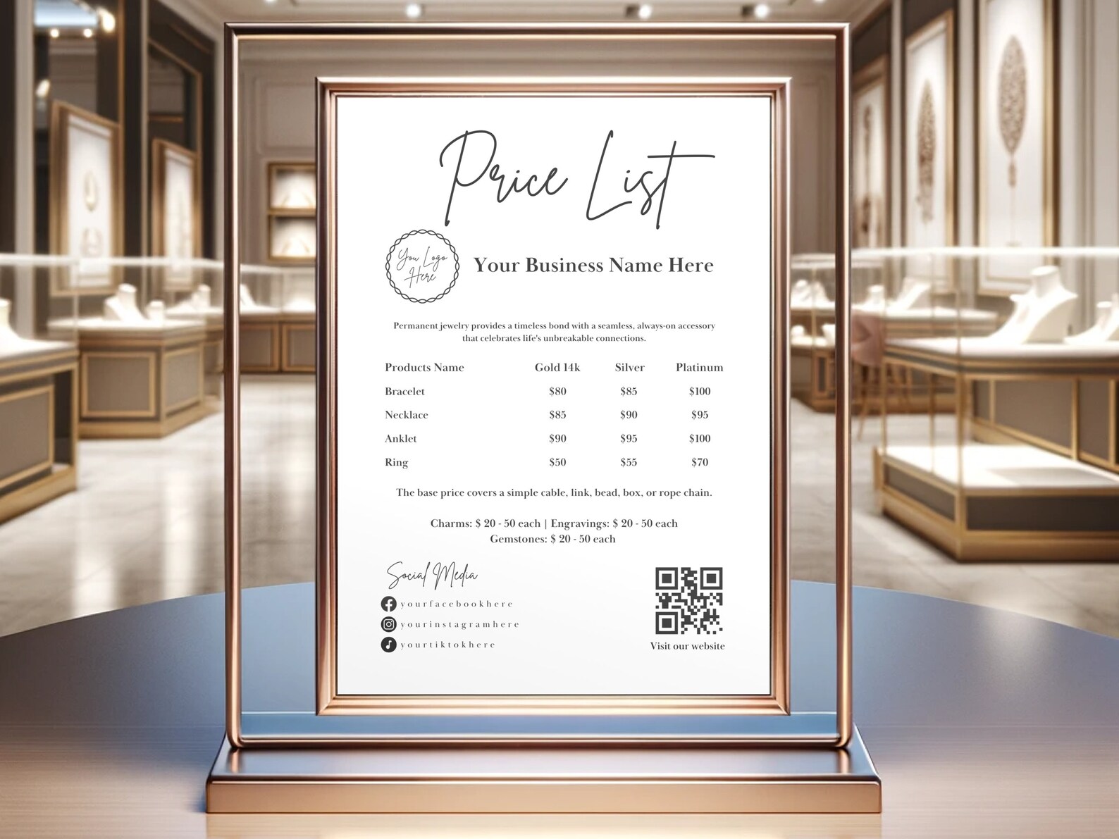 Permanent Jewelry Price List Sign | Editable Template for Print | QR ...