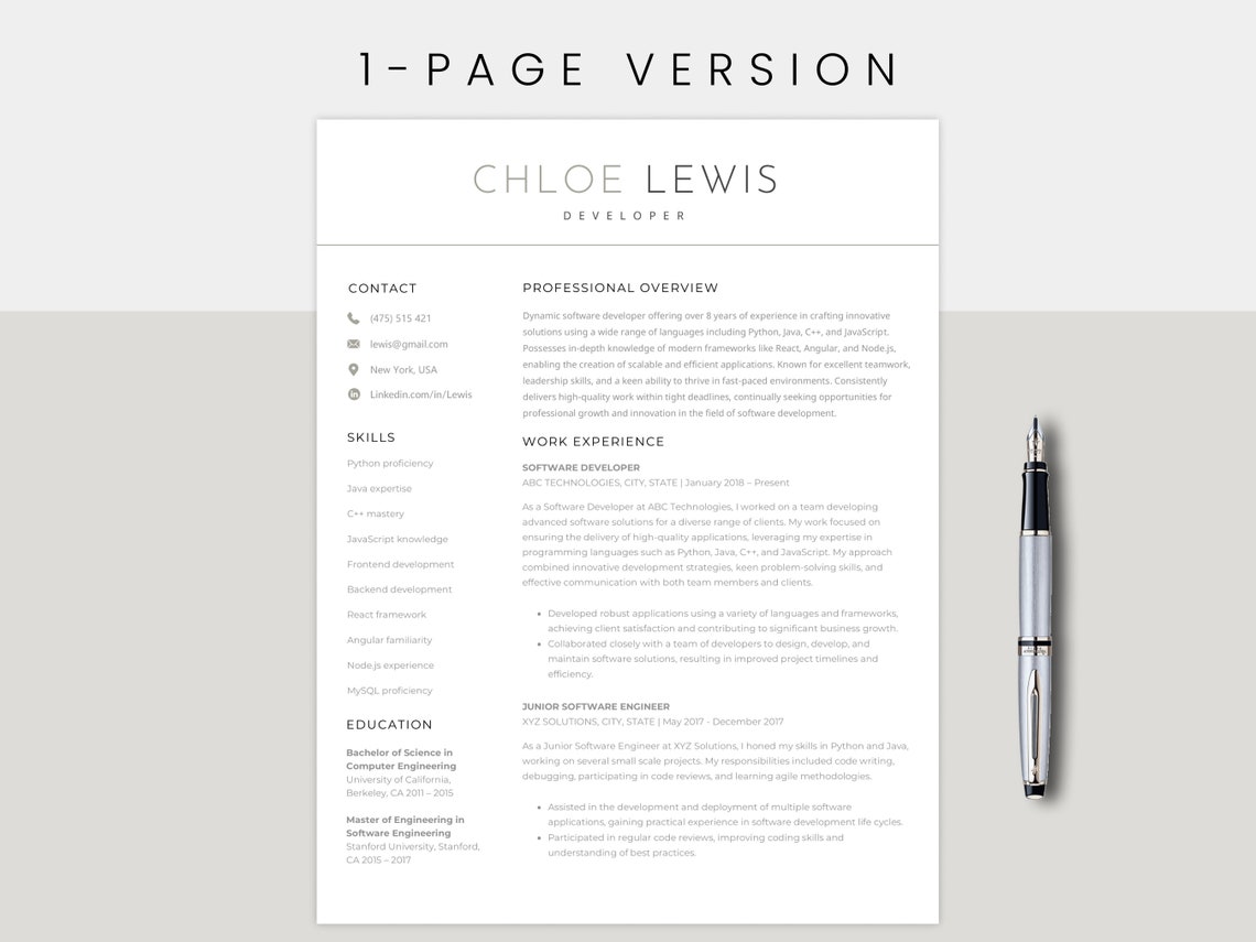 Tech Resume & Developer Resume CV Template ATS Optimized, for Software ...