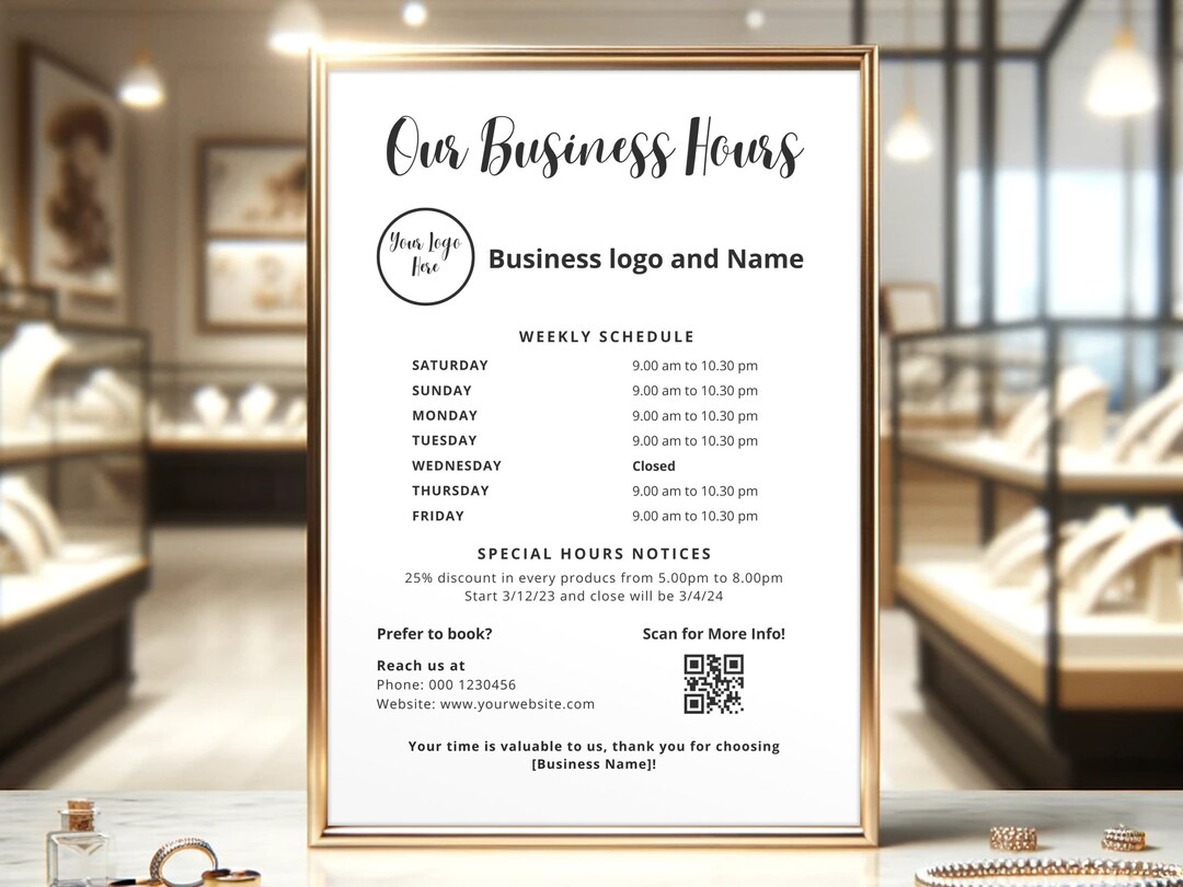 Customizable Shop Opening Hours - Canva Template - Editable Digital ...