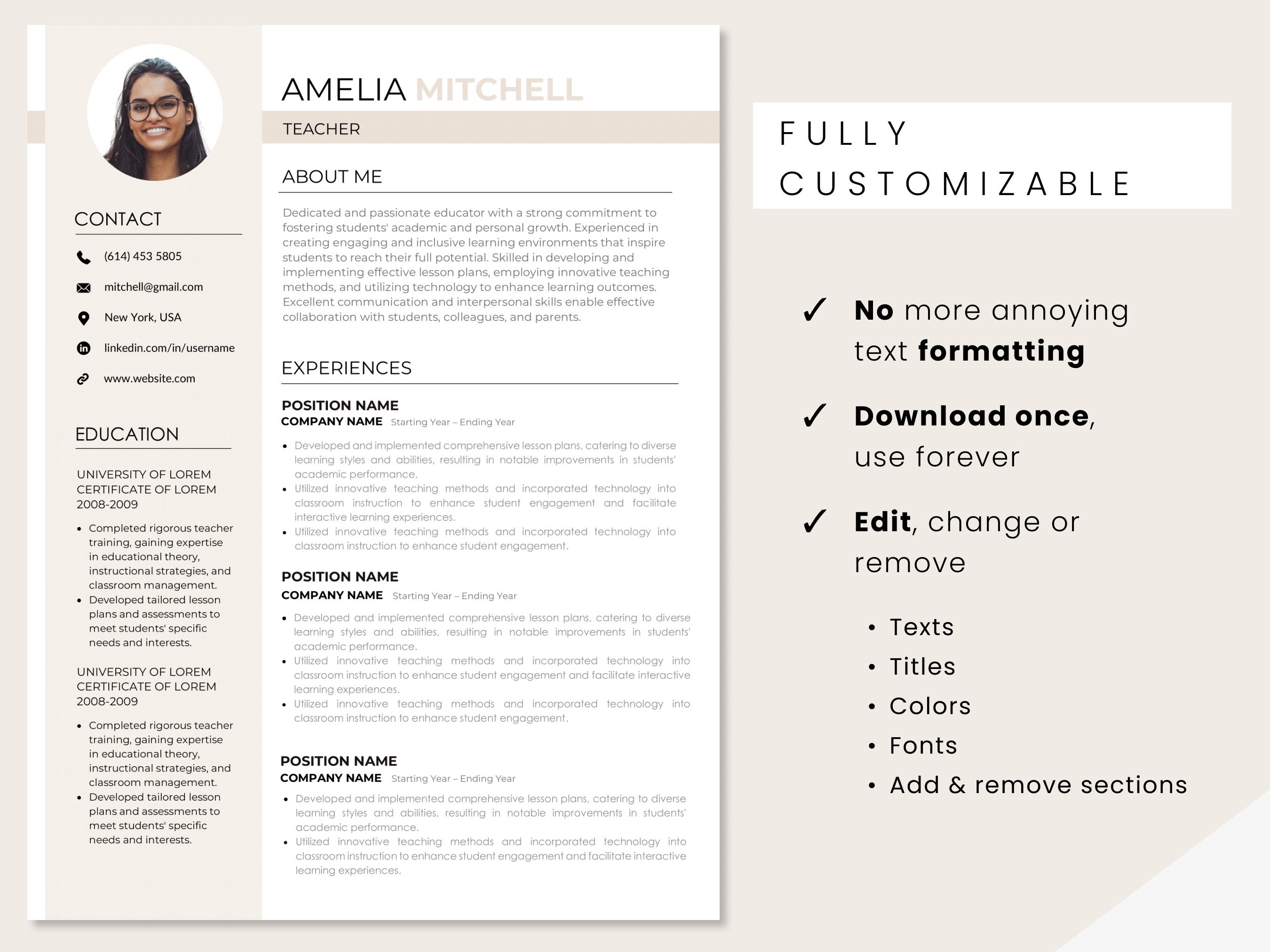 Teacher Resume Template - MS Word CV for Educators - Professional ...