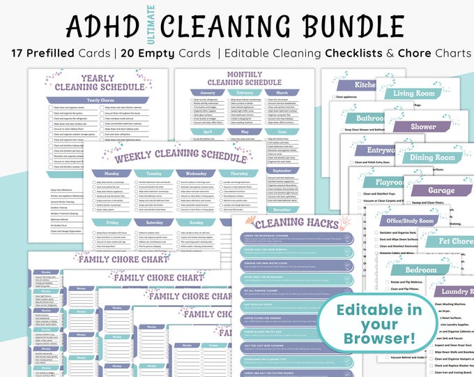 ADHD Cleaning Checklist Bundle, Editable ADHD Cleaning Planner, Adult ...
