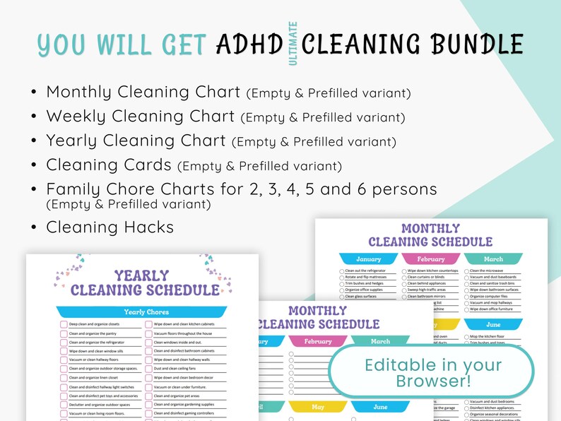 ADHD Cleaning Checklist Bundle | Editable Chore Chart | Adult & Kids ...