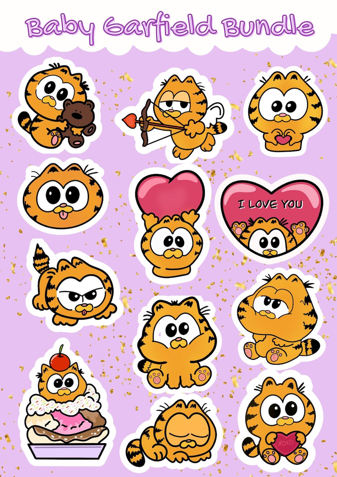 Baby Garfield Sticker Sheet, Cute Garfield Vinyl Stickers Bundle of 12 ...