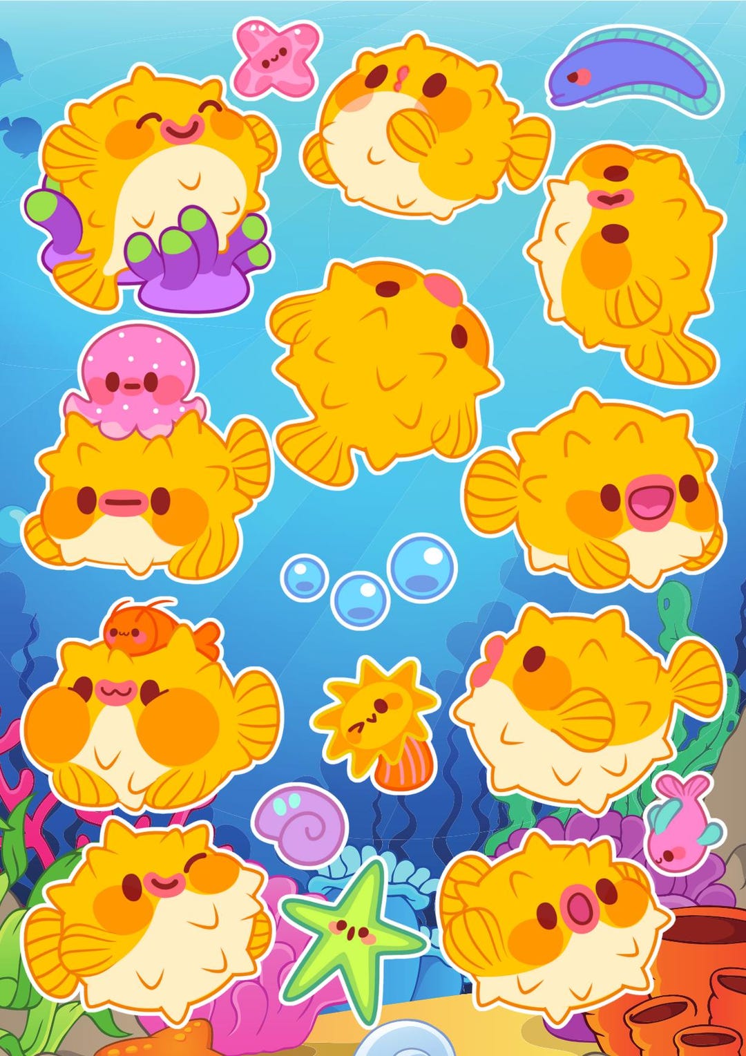 Cute Puffer Fish Sticker Sheet, Kawaii Ocean Animal Stickers Bundle of ...
