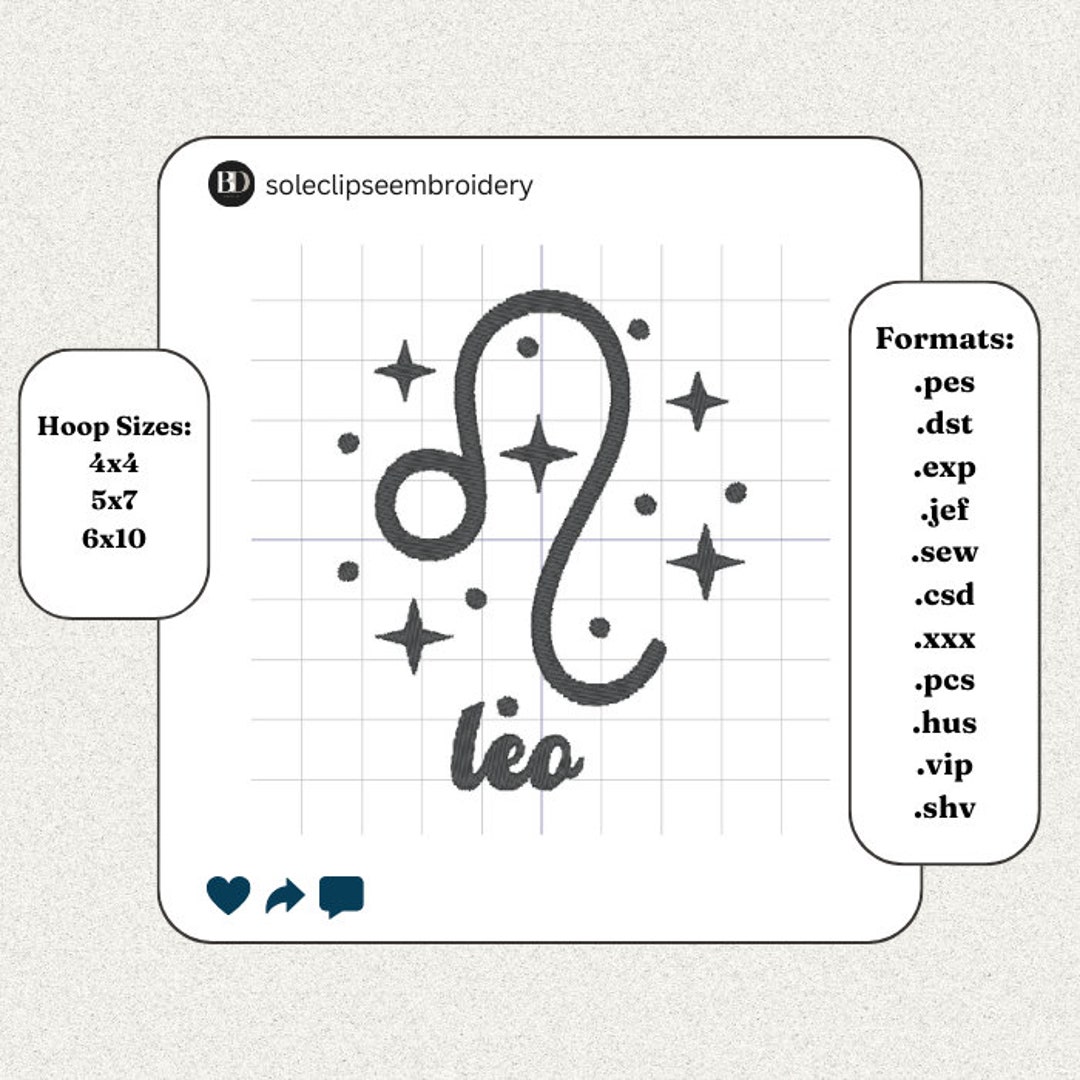 Leo Zodiac Astrology Embroidery Design File 4x4 5x7 6x10 file Format ...