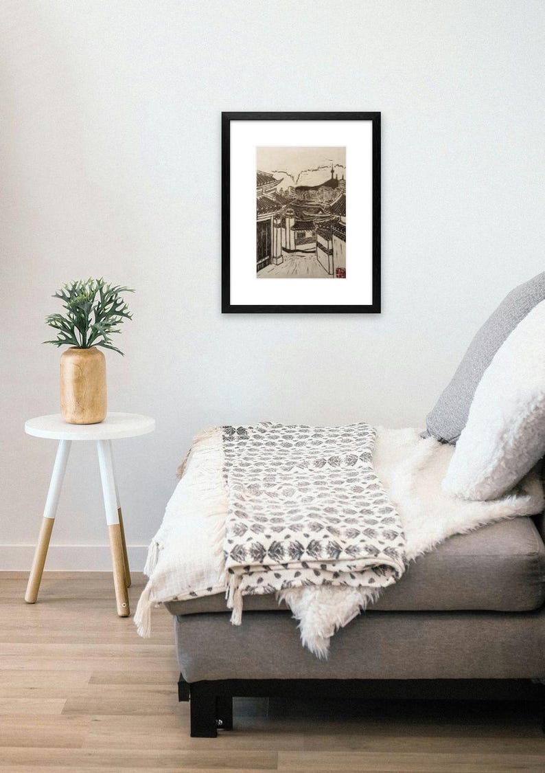 Linocut Art - Korean Hanok Village Perspective - Etsy